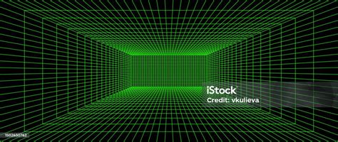 녹색 네온 와이어프레임 그리드 룸 원근법의 3d 배경입니다 미래 지향적인 디지털 개요 공간 기하학적 디자인 벡터 템플릿 그림 3차원 형태에 대한 스톡 벡터 아트 및 기타