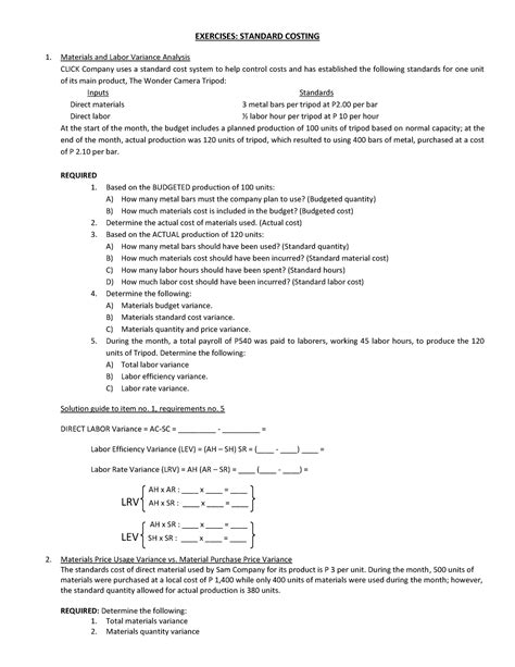Variance Exercises Problems EXERCISES STANDARD COSTING Materials And Labor Variance