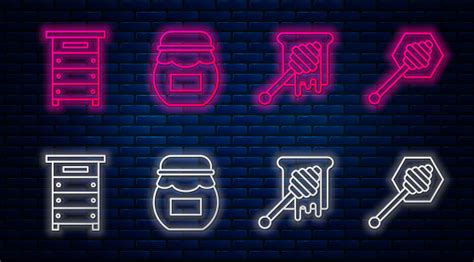 꿀의 세트 라인 항아리 떨어지는 꿀꿀을 곁들인 꿀 디퍼 스틱 벌을 위한 하이브 꿀 디퍼 스틱 벽돌 벽에 빛나는 네온 아이콘입니다 벡터 0명에 대한 스톡 벡터 아트 및 기타