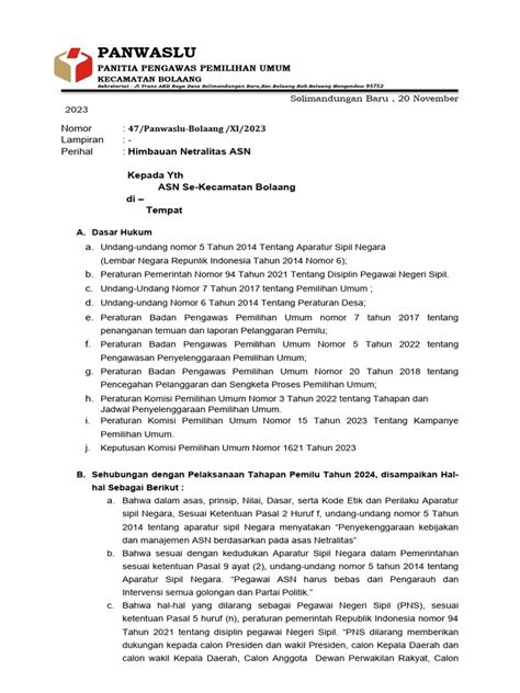 Surat Himbauan Netralitas Asn 24 Nov 2023 Bolaang Pdf