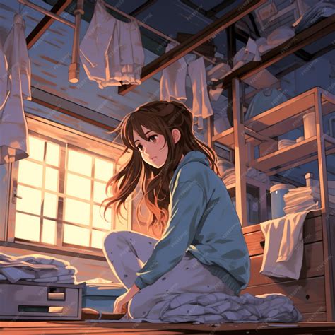 Premium Photo Anime Girl Sitting On The Floor In A Room With Clothes