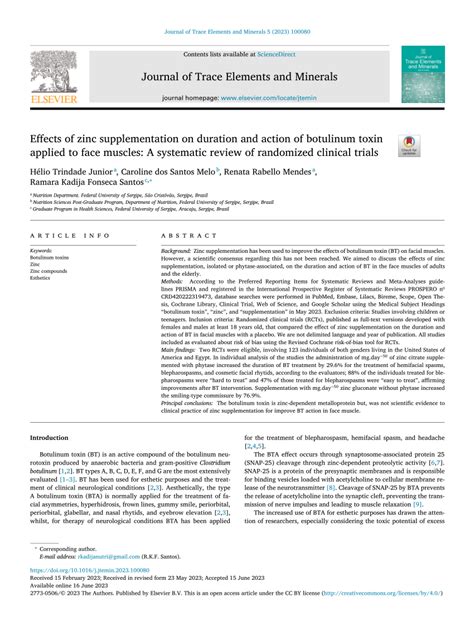 Pdf Effects Of Zinc Supplementation On Duration And Action Of Botulinum Toxin Applied To Face