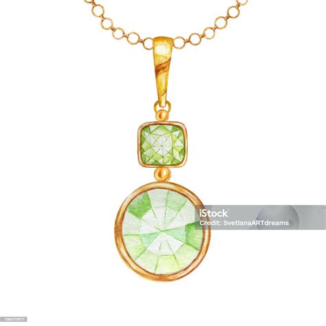 아름 다운 쥬얼리 펜 던 트입니다 녹색 크리스탈과 민트 그린 광장과 골드 요소와 둥근 보석 흰색 배경에 황금 사슬에 크리스탈
