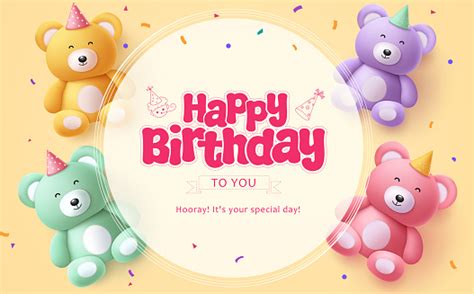 생일 축하 인사말 벡터 템플릿 디자인입니다 생일 인사말 텍스트 원형 공간에 타이포그래피 귀여운 사랑스러운 테디 베어 개체 그룹에
