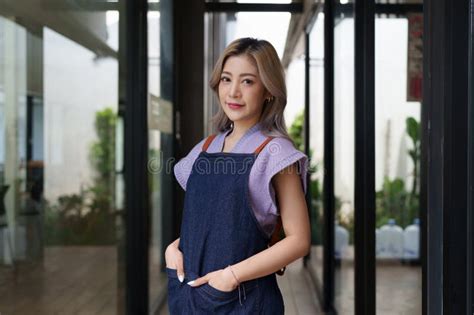 Asian Cafe Owner Or Barista Standing With Smiling At Cafe Woman Small Business Owner In Food