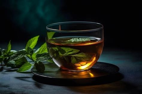 Premium AI Image Mint Tea On A Dark Background Neural Network AI Generated