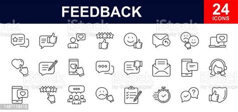 피드백 웹 아이콘이 설정되었습니다 피드백 간단한 가는 선 아이콘 모음입니다 평가 평가 빠른 응답 만족도 리뷰 감정 기호 등을 포함합니다 간단한 웹 아이콘 설정 고객에 대한