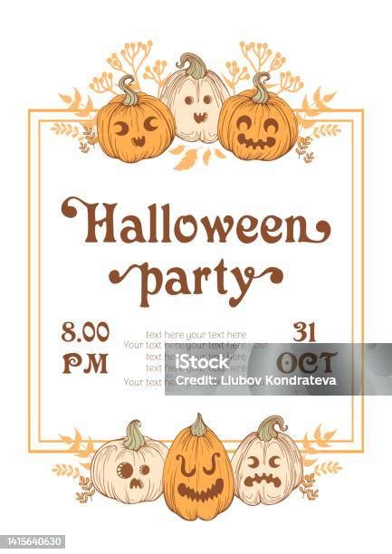 즐거운 할로윈 보내세요 잭 오 랜턴과 파티 초대장 빈티지 레터링 무섭고 재미있는 얼굴로 손으로 그린 스타일의 호박 프레임 템플릿