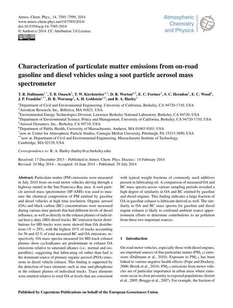 Pdf Characterization Of Particulate Matter Emissions From On Road Gasoline And Diesel Vehicles