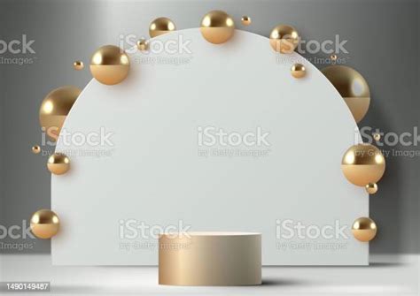 회색 배경에 흰색 기하학적 둥근 배경 장식 금 공이 있는 3d 현실적인 현대 럭셔리 스타일의 황금 연단 스탠드 3차원 형태에 대한 스톡 벡터 아트 및 기타 이미지 Istock