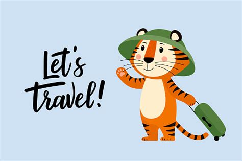 귀여운 호랑이와 엽서 템플릿 중국 달력에서 올해의 상징 2022 손으로 쓴 텍스트 여행하자 벡터 스톡 일러스트레이션입니다 0명에 대한 스톡 벡터 아트 및 기타 이미지