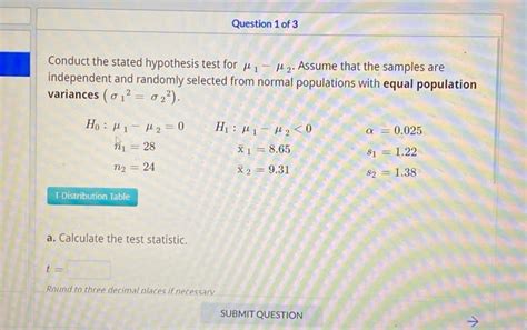 Solved Conduct The Stated Hypothesis Test For μ1−μ2 Assume
