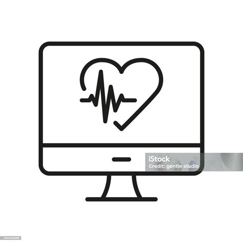 하트비트 모니터링 심장학 진단 심장 박동 의료 컴퓨터 라인 아이콘입니다 심전도 심전도 심전도 선형 픽토그램 심전도 개요 아이콘입니다 편집 가능한 획 고립된 벡터 그림 맥박