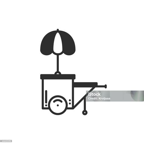 길거리 음식 소매 얇은 라인 아이콘입니다 식품 트롤리 트럭 키오스크 바퀴 시장 축 사 모바일 카페 상점 무역 카트 벡터 선형 스타일 아이콘입니다 고립 된 그림입니다