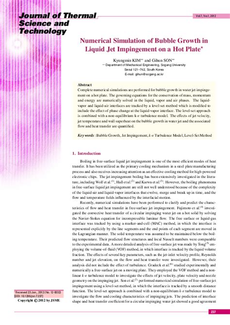 Pdf Numerical Simulation Of Bubble Growth In Liquid Jet Impingement On A Hot Plate Kyungmin