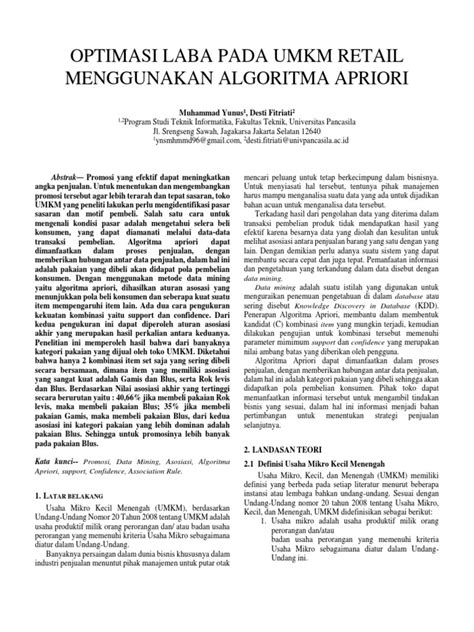 Jurnal Optimasi Laba Pada Umkm Retail Menggunakan Algoritma Apriori Pdf