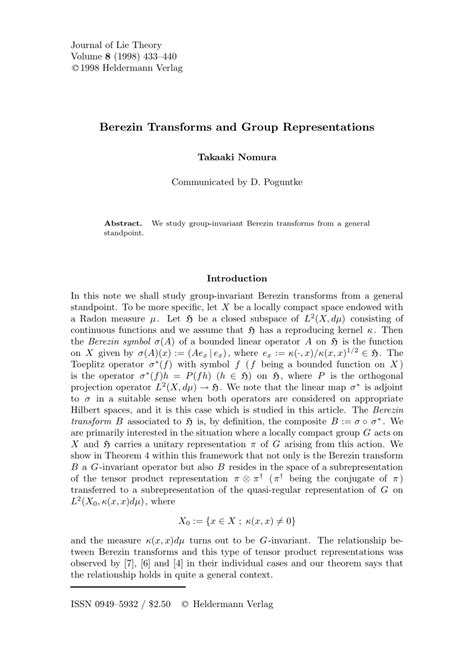 Pdf Berezin Transforms And Group Representations