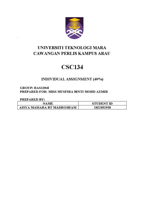Csc134 Individual Assignment Draft ` Universiti Teknologi Mara