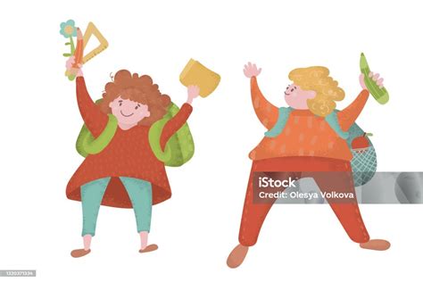 소년과 소녀의 부부 배낭을 가진 두 명의 행복한 학교 아이들 평면 디자인의 현대 십대 소년과 소녀 캐릭터 배낭과 여자와 미소 소년 흰색 배경에 고립 된 평면 그림을 손 두