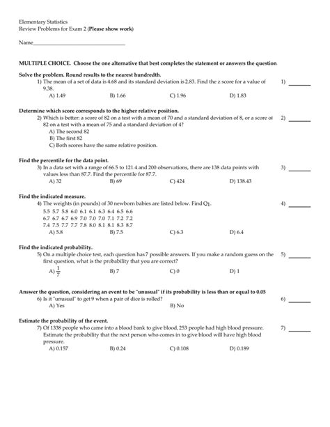 Elementary Statistics Review Problems For Exam Please Show