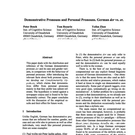 Demonstrative Pronouns And Personal Pronouns German Der Vs Er Acl Anthology
