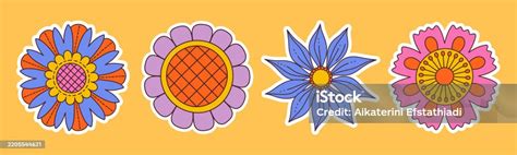 현대적인 재미 그루비 꽃 세트 손으로 그린 트렌디한 플랫 스타일 고립 단순한 순진한 꽃 1960 1969 년에 대한 스톡 벡터