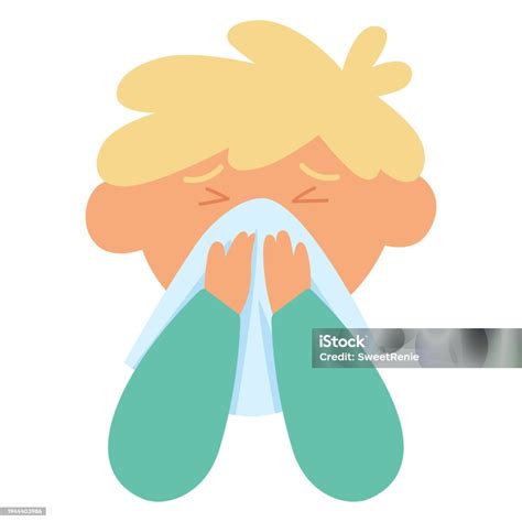 아픈 아이가 독감이나 알레르기로 고통받는 손수건에 코를 풀고 있습니다 감기와 독감에 대한 스톡 벡터 아트 및 기타 이미지 감기와 독감 건강관리와 의술 금발 머리