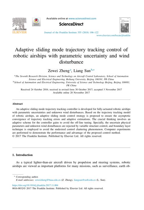 PDF Adaptive Sliding Mode Trajectory Tracking Control Of Robotic Airships With Parametric