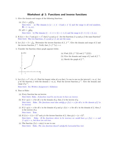 Worksheet 1 Functions And Inverse Functions Exercises Calculus Docsity