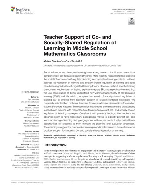 Pdf Teacher Support Of Co And Socially Shared Regulation Of Learning In Middle School