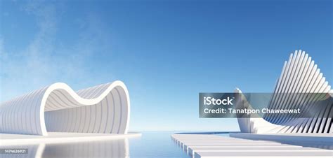 3d는 기하학적 모양 추상적인 환상적인 디자인 랜드마크 미래 파노라마 복사 공간이 있는 미래 장면 푸른 하늘 및 흐린 초현실적인 흰색 최소 건축 배경을 렌더링합니다 0명에
