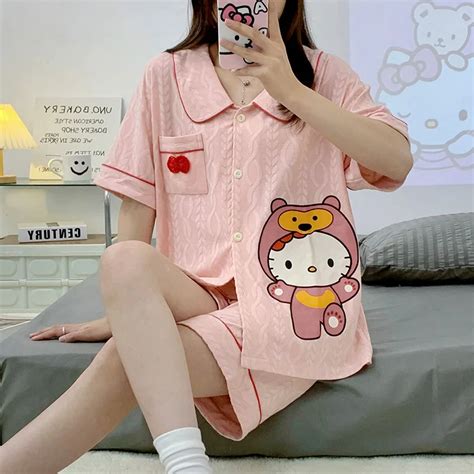 산리오잠옷 시나모롤 파자마 산리오 헬로 키티 여성 잠옷 코튼 반팔 카디건 루즈 가정복 착용 티몬
