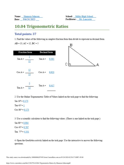 10 04 Trigonometric Ratios By Shanasia Johnson Pdf Triangle