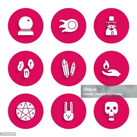 마법의 돌 귀를 가진 토끼 두개골 불을 들고 있는 손 오각형 원 룬 마술사 및 공 아이콘을 설정합니다 벡터 0명에 대한 스톡 벡터 아트 및 기타 이미지 Istock