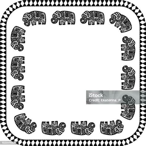 장신구와 코끼리 인도 함께 아름 다운 카드입니다 텍스트 사각형 프레임입니다 민족 코끼리 손 그려진된 배너 템플릿입니다 검은 윤곽선 흰색 배경에 고립 벡터 0명에 대한 스톡