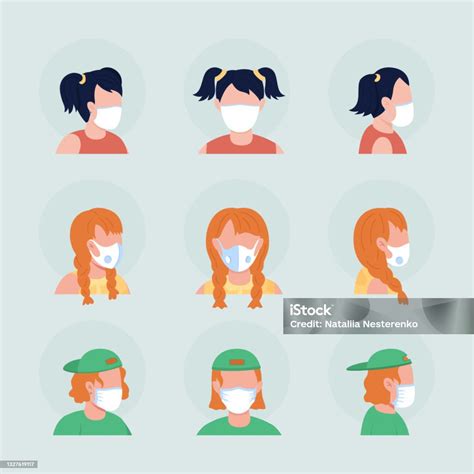 어린이 용 천 마스크 세미 플랫 컬러 벡터 캐릭터 아바타 세트 2차 도형에 대한 스톡 벡터 아트 및 기타 이미지 2차 도형