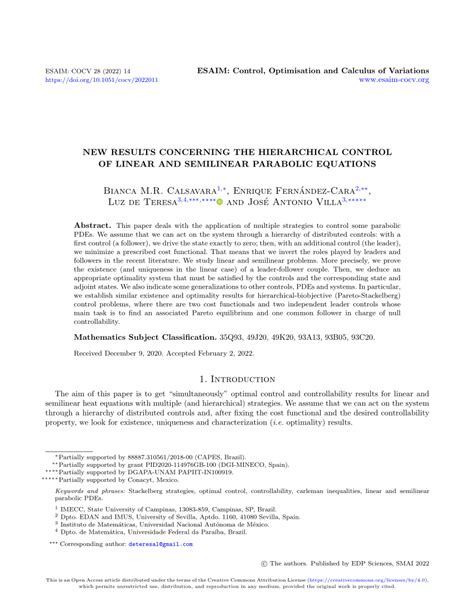 Pdf New Results Concerning The Hierarchical Control Of Linear And Semilinear Parabolic Equations