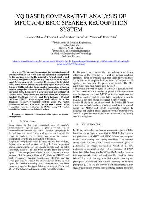 pdf vq based comparative analysis of mfcc and bfcc speaker