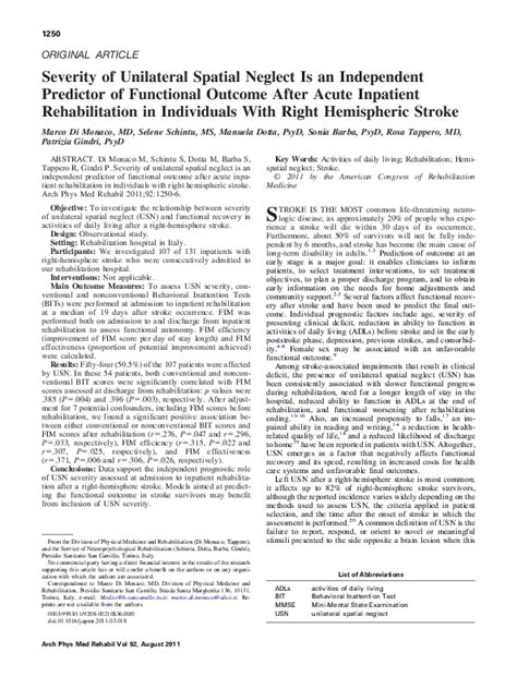 Pdf Severity Of Unilateral Spatial Neglect Is An Independent Predictor Of Functional Outcome