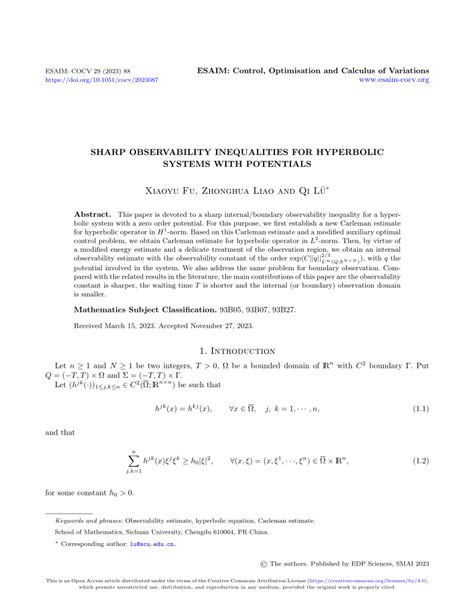 Pdf Sharp Observability Inequalities For Hyperbolic Systems With Potentials