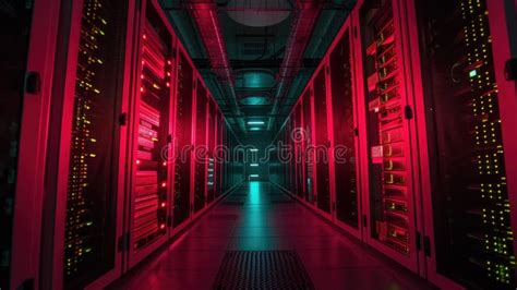 Shot Of Data Center With Multiple Rows Of Fully Operational Server Racks Modern