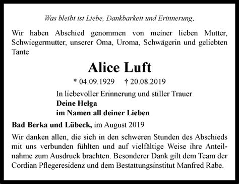 Traueranzeigen Von Alice Luft Trauer In Thueringende