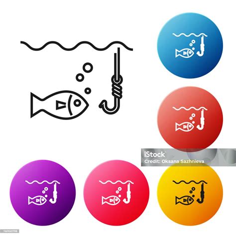 흰색 배경에 고립 된 물고기 아이콘과 물 속에서 검은 줄 낚시 후크 낚시 태클 아이콘 다채로운 원 버튼을 설정합니다 벡터 일러스트레이션 강철에 대한 스톡 벡터 아트 및 기타
