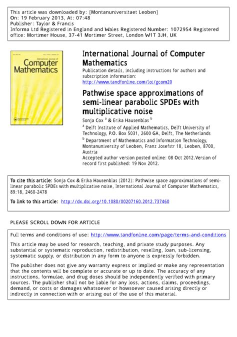 Pdf Pathwise Space Approximations Of Semi Linear Parabolic Spdes With Multiplicative Noise