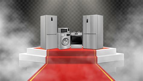 빨간색 경로와 가전제품이 있는 조명 연단 또는 받침대 전자레인지 세탁기 냉장고 스토브 Tv 식기 세척기 주방 후드 현실적인 3d 벡터 냉장고에 대한 스톡 벡터 아트 및 기타