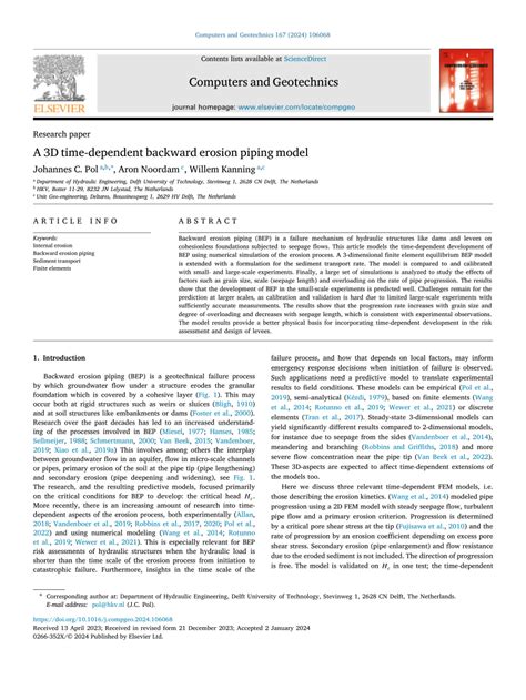 Pdf A 3d Time Dependent Backward Erosion Piping Model