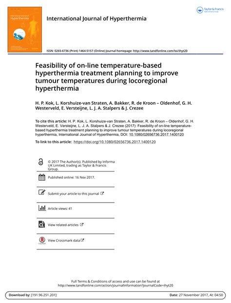 Pdf Feasibility Of On Line Temperature Based Hyperthermia Treatment Planning To Improve Tumour