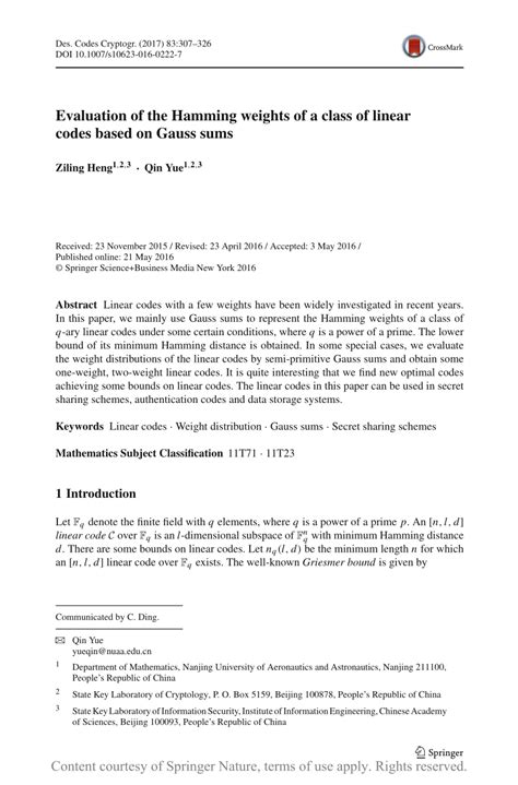 Evaluation Of The Hamming Weights Of A Class Of Linear Codes Based On