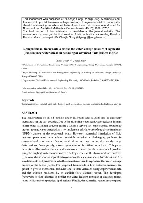 Pdf A Computational Framework To Predict The Water Leakage Pressure Of Segmental Joints In