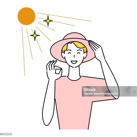 열사병 대책 태양 일러스트에 Uv 컷 모자를 쓰고 예쁜 여자를 미소 화 질 심플 한 벡터 열 사수 방지 태양에 자외선 차단 모자를 쓰고 예쁜 웃는 여자 간단한 그림 벡터